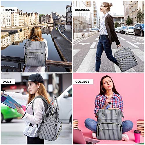 LOVEVOOK Backpack Women Laptop Bag Plait Laptop Backpack Computer Bag Work Bag Backpack Purse with USB Charging Port and Luggage Strap,All Stripe Grey
