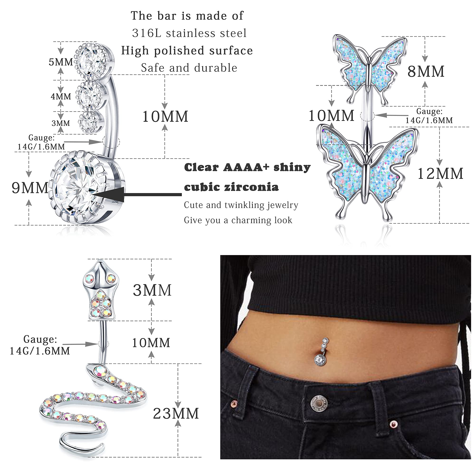 FASACCO 3Pcs Belly Button Ring 14G Surgical Steel Belly Rings for Women CZ Snake Butterfly Belly Button Rings (white tone)