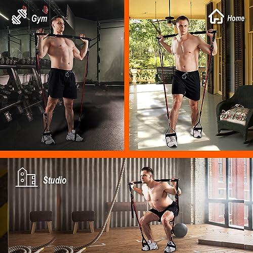HOTWAVE Pilates Bar Kit with Resistance Bands. Fitness Bar with Ab Roller for Abs Workout. Squat Machine.Core Strength Training Equipment.Portable Home Gym for Men and Women