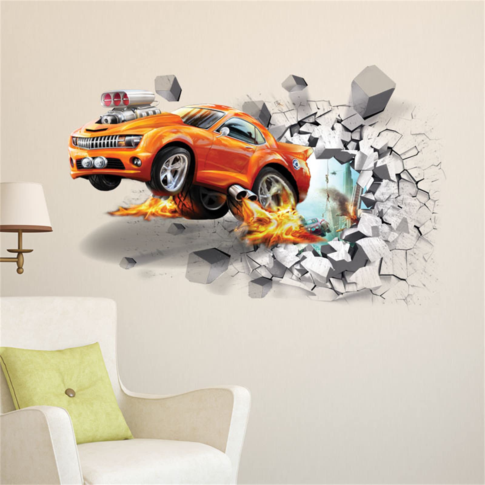 Dynamic Car Wall Stickers, Breaking Wall Creative 3D Wall Decals, Self Adhesive Removable, Art Decal Mural Wall Decor, Kids Boy Room Bedroom Playroom Wall Decoration(19.6'' × 27.5'') (car2)