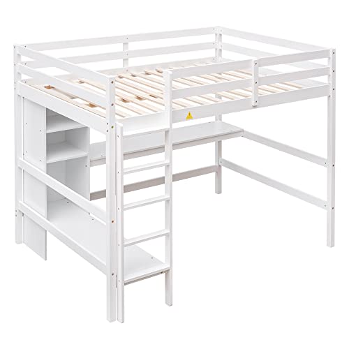 Harper & Bright Designs Full Size Loft Bed with Desk and Storage Shelves, Solid Wood Loft Bed Frame for Kids Teens Adults (Full Size, White)