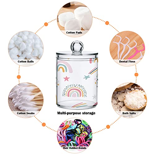 Kigai 2PCS Cartoon Rainbow Qtip Holder Dispenser with Lids - 14 oz Bathroom Storage Organizer Set, Clear Apothecary Jars Food Storage Containers, for Tea, Coffee, Cotton Ball, Floss