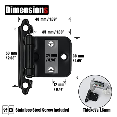 JQK 1/2 Inch Overlay Cabinet Door Hinges Black, 20 Pack 10 Pairs Flush Face Mount Cupboard Self-Closing Kitchen Cabinet Hinges with Door Bumper, CH200-BK-P20