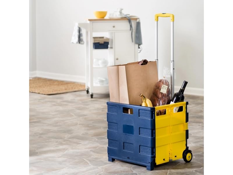Generic Folding Utility Cart, Collapsible Design, Blue/Yellow, Folding Crate Cart, Stroll to The Grocery Store, or Maybe it’s just Wheeling Plants Around The Yard