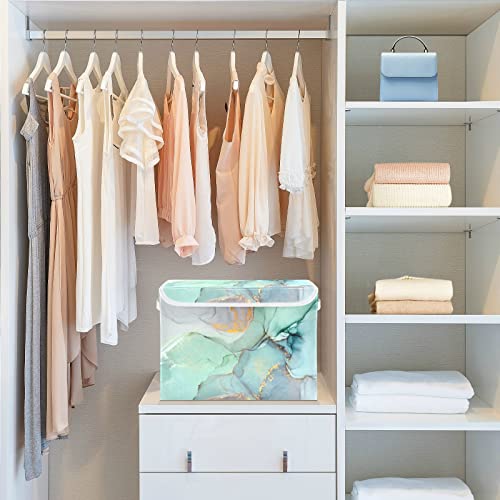 Kigai Abstract Marble Print Aqua Storage Basket with Lid Collapsible Storage Bin Fabric Box Closet Organizer for Home Bedroom Office 1 Pack