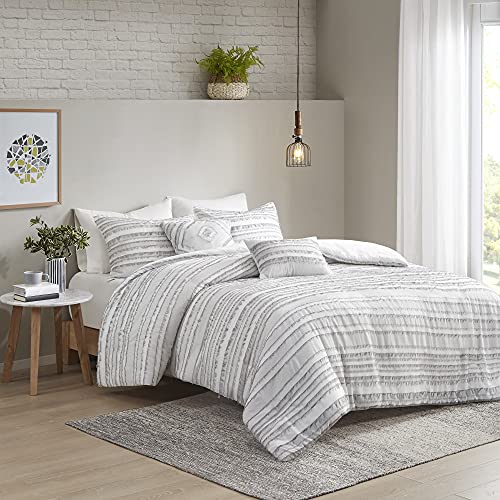 Urban Habitat Avery 100% Cotton Clipped Jacquard Duvet Casual Stripe Design, All Season Comforter Cover Modern Bedding Set with Matching Sham, Decorative Pillow, Full/Queen, Grey 5 Piece