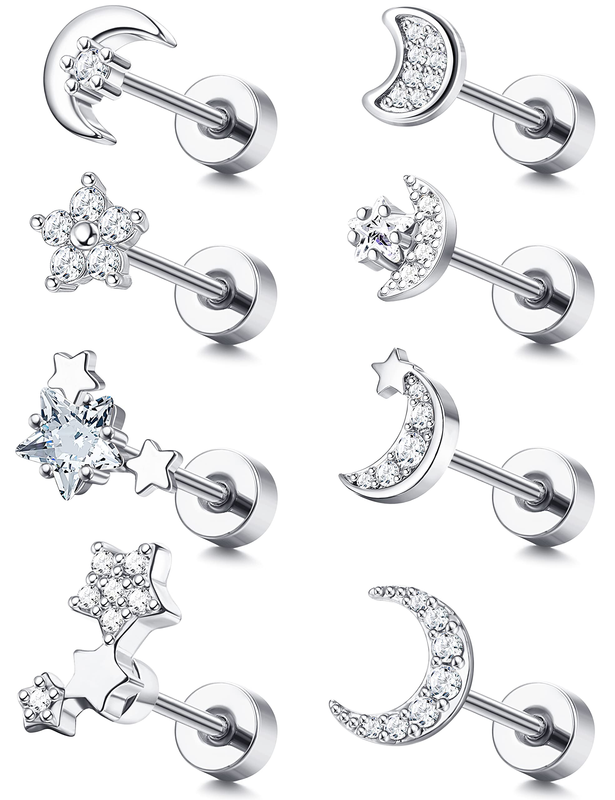 FASACCO Moon and Star Flat Back Cartilage Earrings 20G Earrings Helix Tragus Piercing Jewelry
