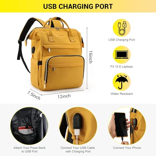 LOVEVOOK Laptop Backpack Women Teacher Backpack Nurse Bags, 15.6 Inch Womens Work Backpack Purse Waterproof Anti-theft Travel Back Pack with USB Charging Port (Yellow)