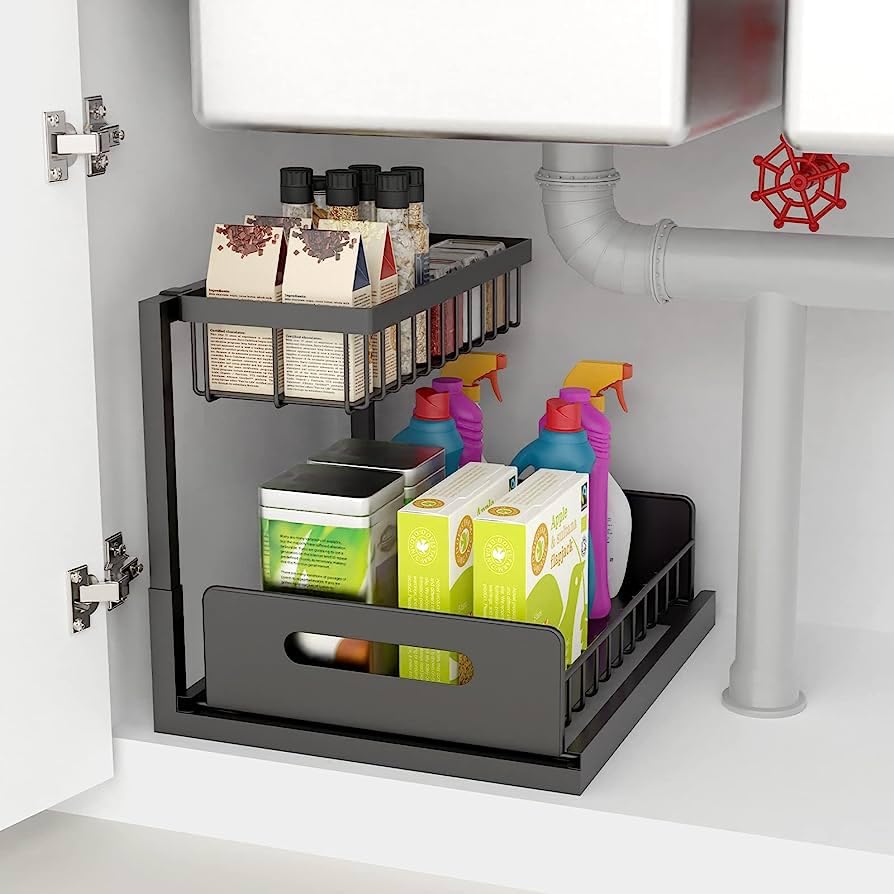 Kitchen and Bath Under Sink Organizer, Heavy Duty Metal Under Sink Organizer, Cabinet Organizer, Under Sink Organizer Kitchen and Under Sink Bathroom Organizer and Storage -Black