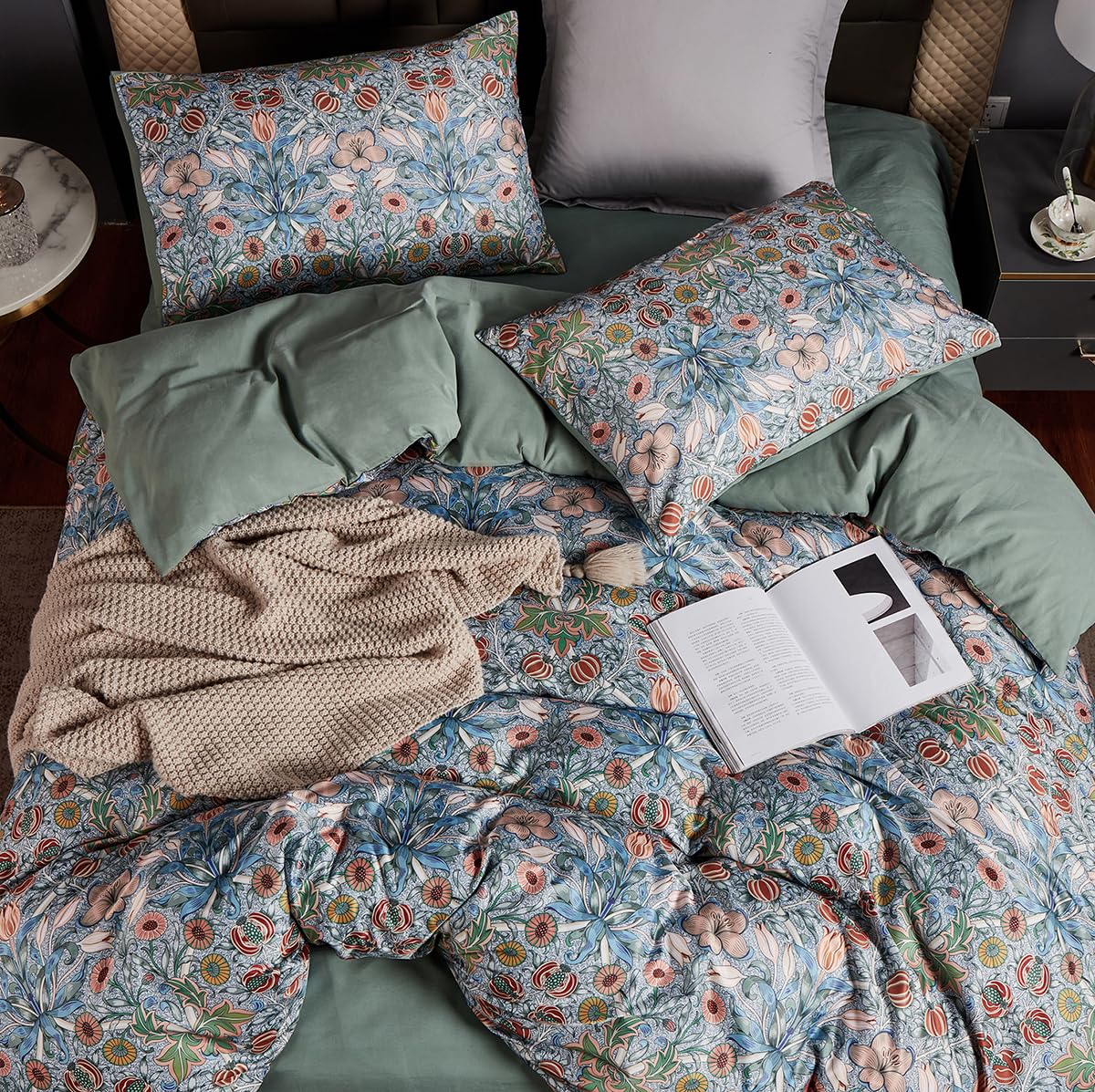 KASBLUEL Boho Floral Duvet Cover King, 5 Pieces Green Paisley Comforter Covers, Aesthetic Bedding Sets, Artistic Flower Pattern Bed Set, Soft Microfiber Vintage Style with Zipper