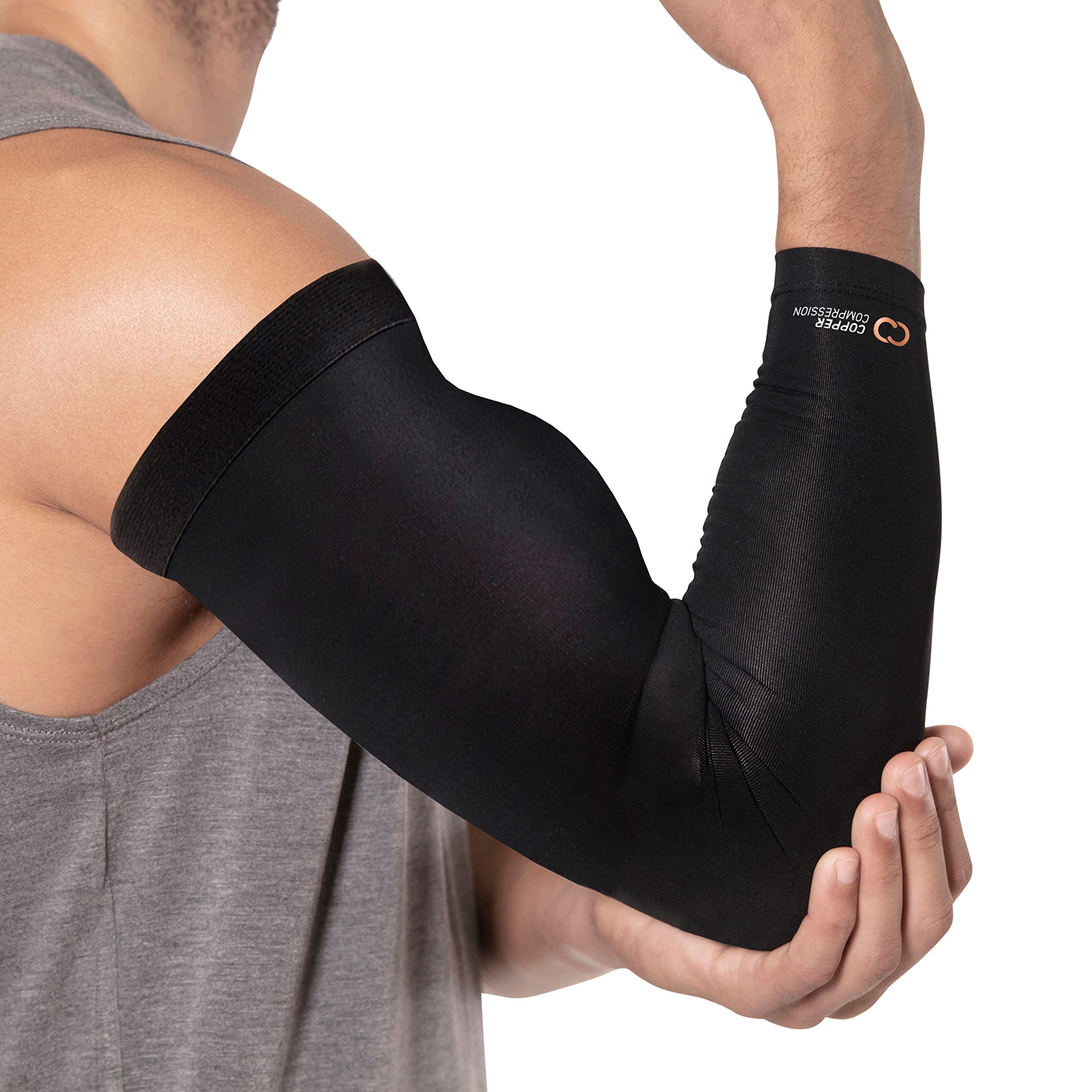 Copper Compression Arm Sleeve - Copper Infused Full Arm Brace for Forearm, Bicep, Triceps - Tennis Elbow, Basketball, Golf, Arthritis, Tendonitis, Bursitis, Post Surgery Rehab - Black - M