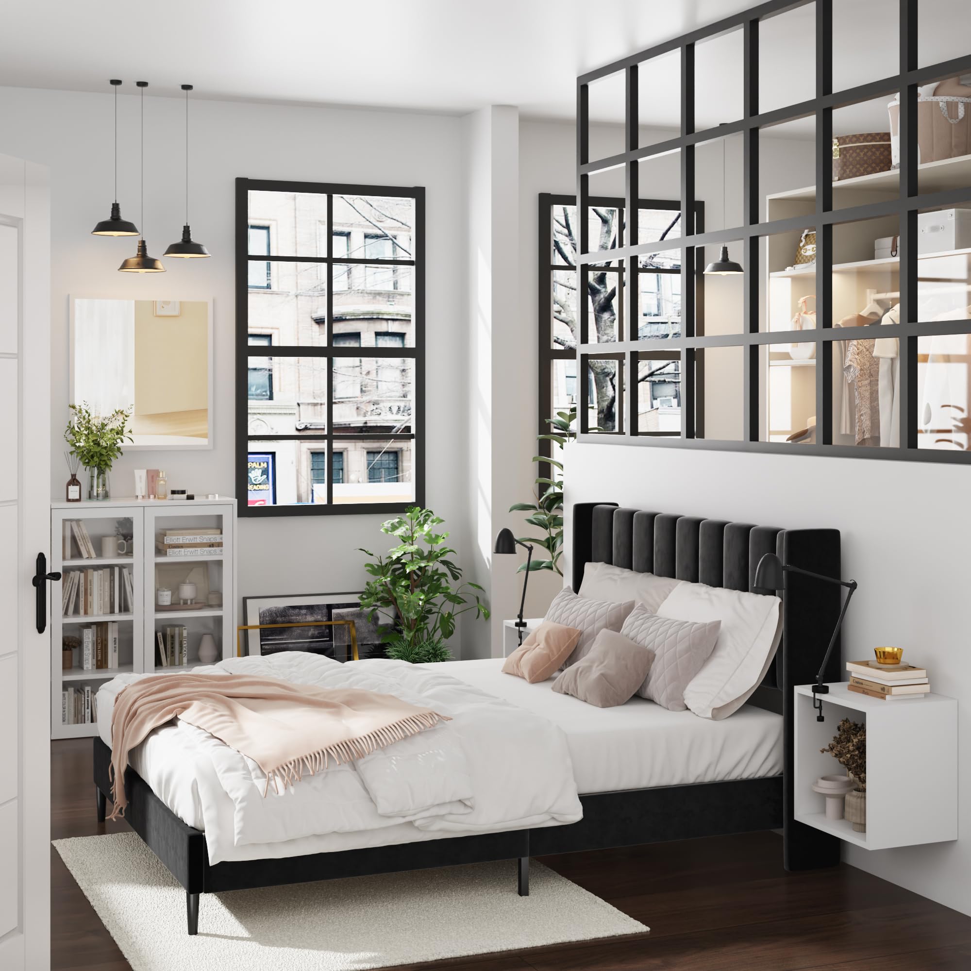 IOILORI Queen Bed Frame with Headboard, Vertical Channel Tufted, Heavy Duty Bed Frame Queen Size, No Box Spring Needed, Easy Assembly (Dark Black, Queen)
