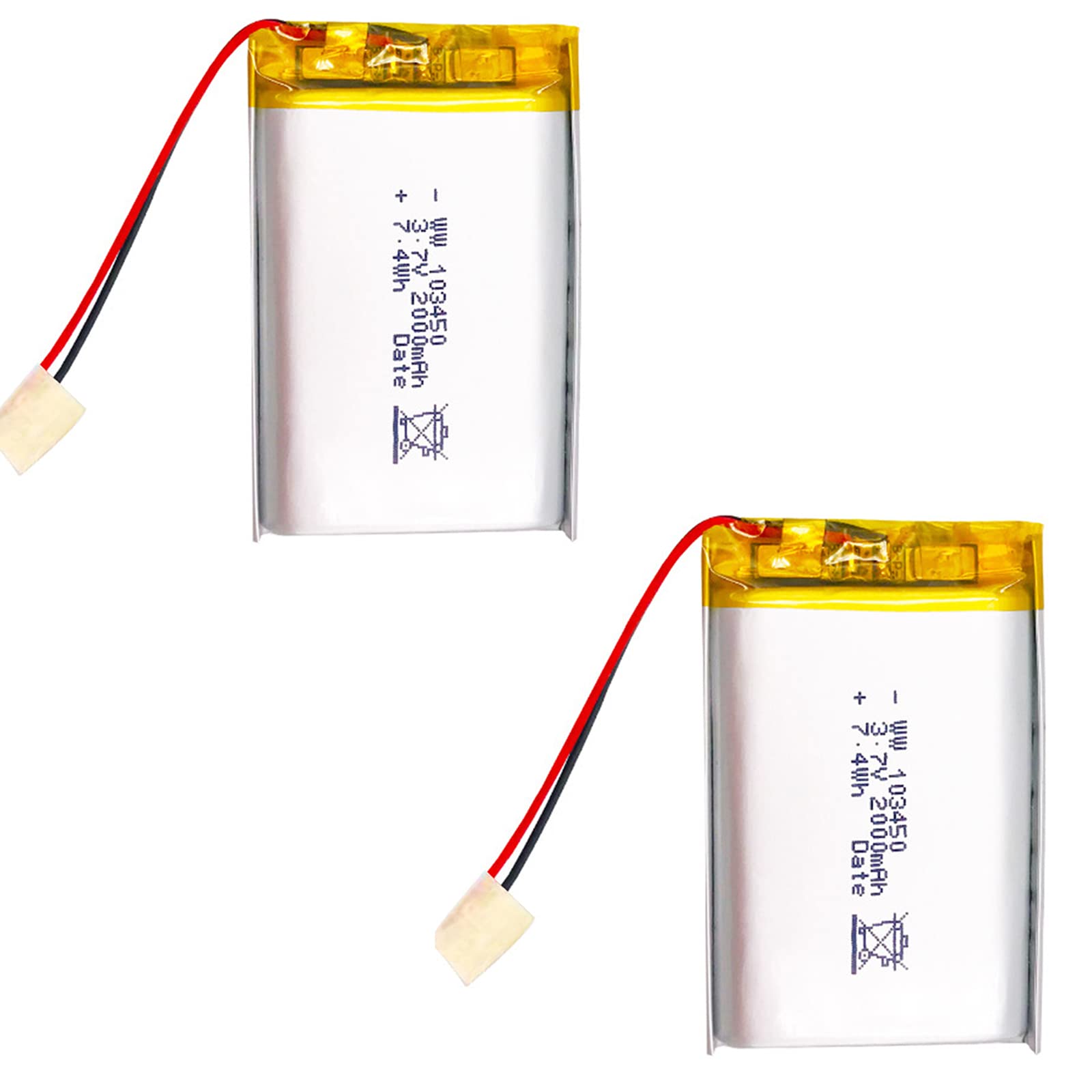 FREEDOH Lithium Polymer Battery 3.7V 2000mAh Rechargeable Lithium Battery 103450 Li-Polymer Ion Backup Battery with Protection Board (2pcs)