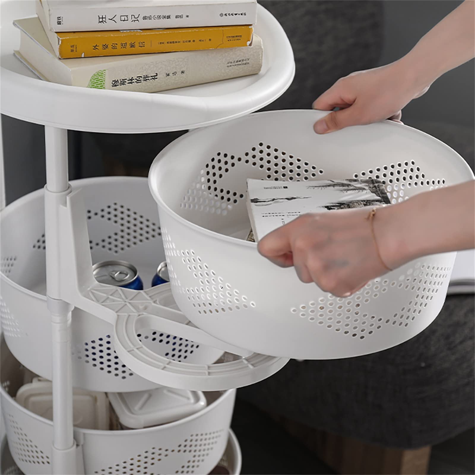 LGXSHOP 5 Tier Swivel Storage Rack, Vegetable Storage Rack, Storage Rack with Lockable Casters and Detachable Storage Basket, Kitchen Bathroom Living Room Dining Room Freestanding Organizer (White)