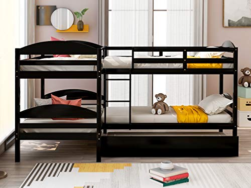 Harper & Bright Designs Quad Bunk Bed with Trundle, L Shaped Bunk Bed for 4 Kids, Wooden Twin Bunk Bed Frame for Kids Teens Adults - Espresso