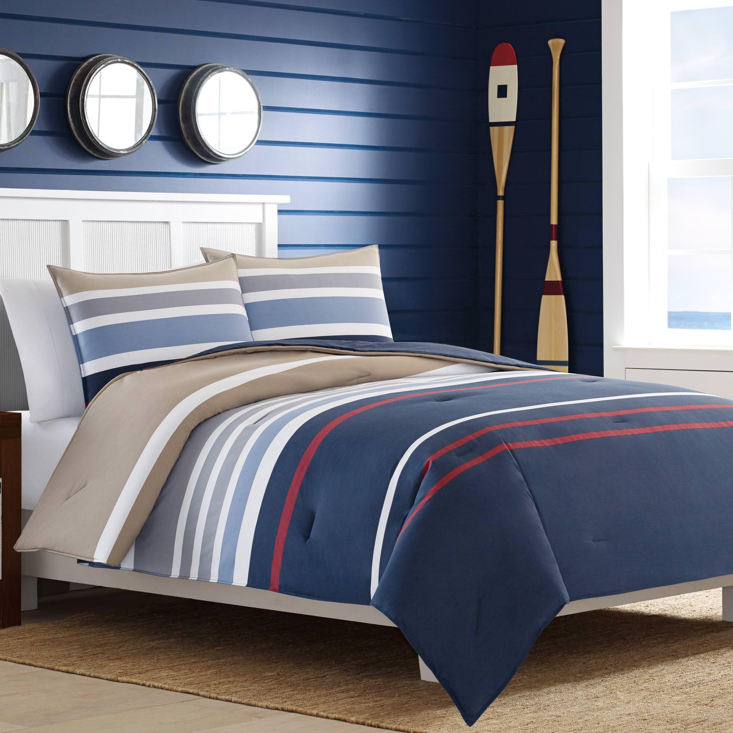 Nautica - Queen Duvet Cover Set, Cotton Reversible Bedding with Button Closure, Stylish Home Decor (Bradford Navy/Khaki, Queen)