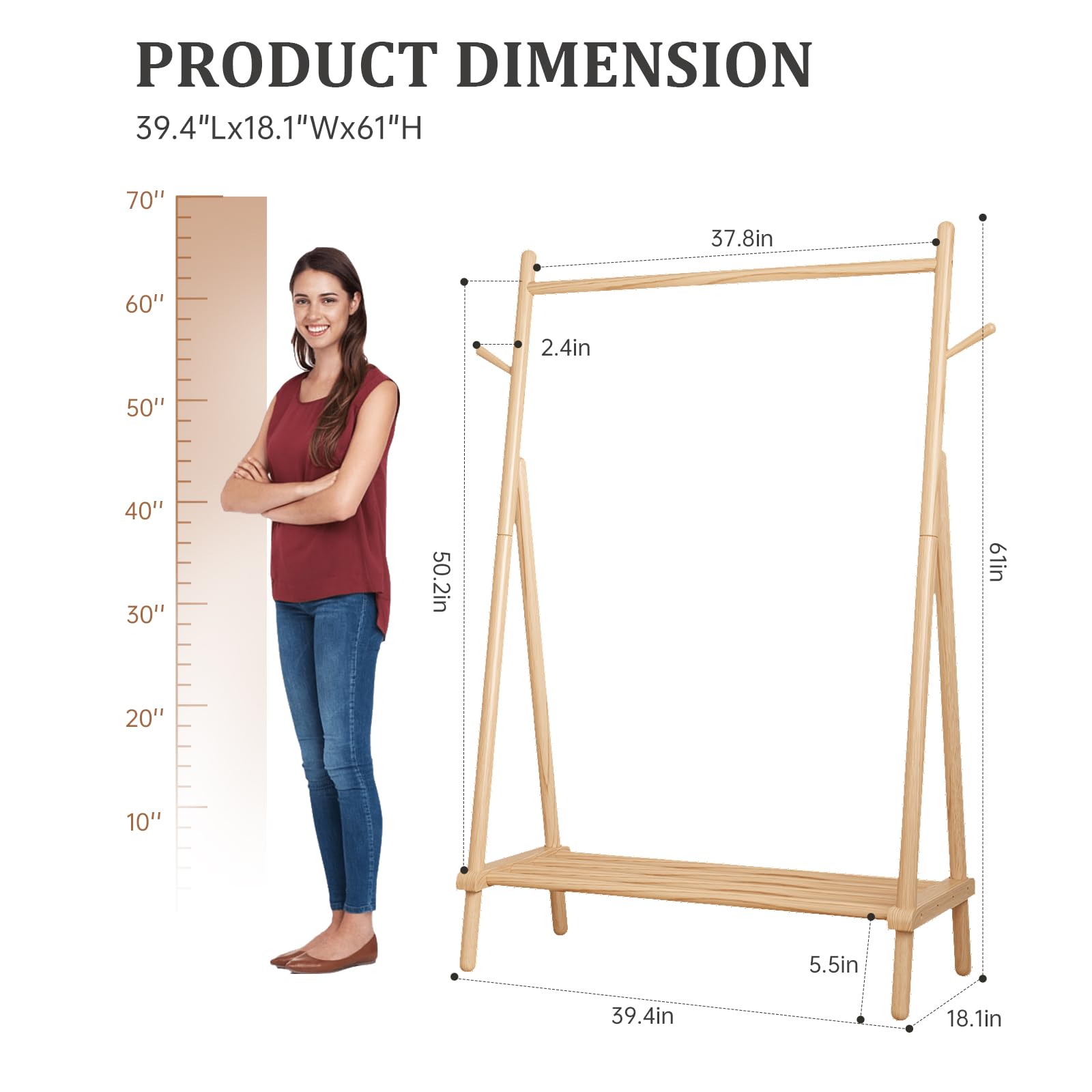 KASLANDI Solid Wood Clothes Rack, Clothing Rack with Shelf and Hook, Sturdy and Portable, Garment Rack for Hanging Clothes,Coats,Skirts,Shoes,Bags,Easy to Assemble (Natural)