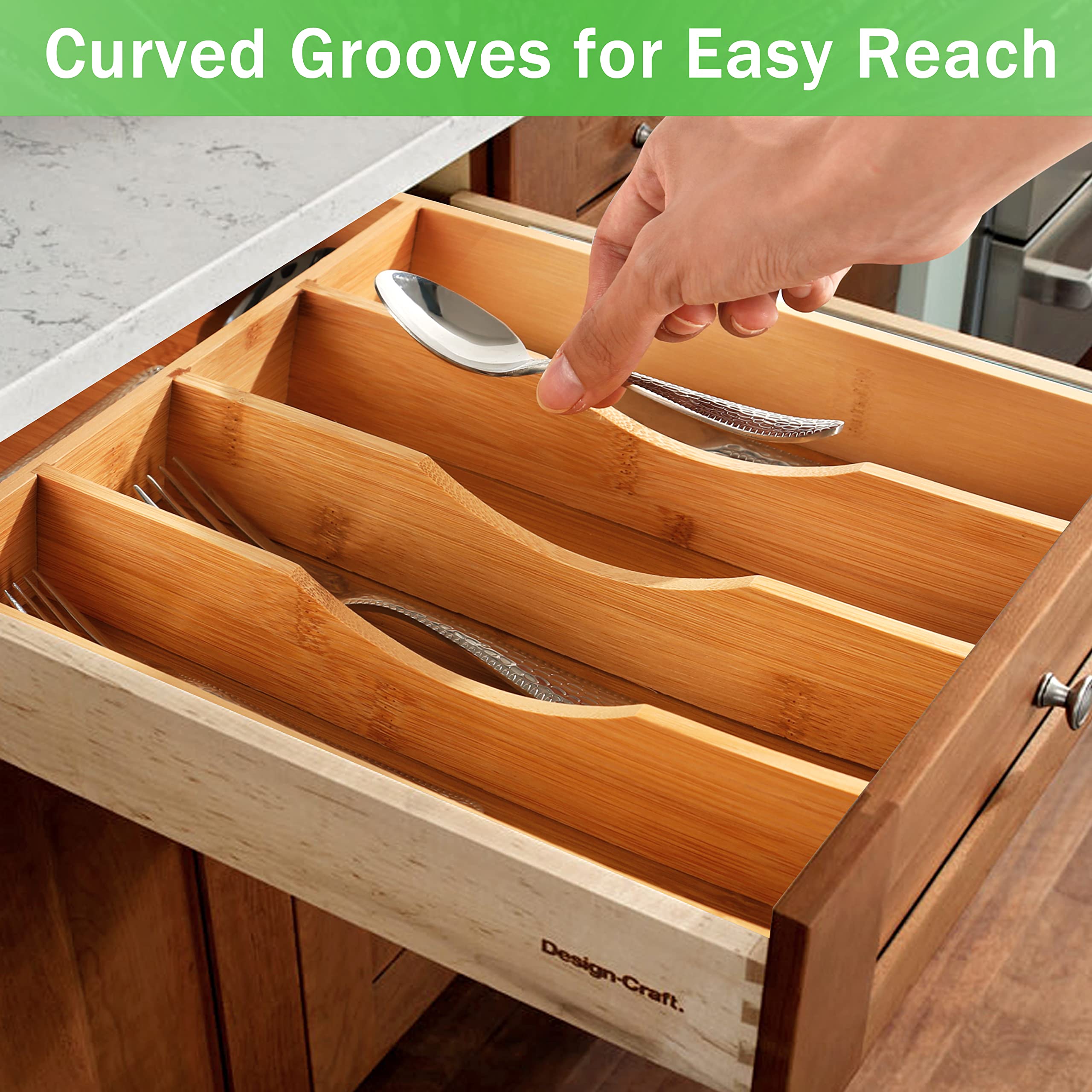 Greenual Silverware Organizer 10 In Utensil Organizer Silverware Tray for Drawer Cutlery Flatware Organizer for Kitchen Bamboo Wood