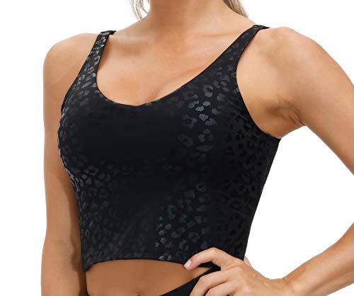 THE GYM PEOPLE Womens Leopard Longline Sports Bra Wirefree Padded Medium Support Yoga Bras Gym Running Workout Tank Tops (Black Leopard, X-Large)