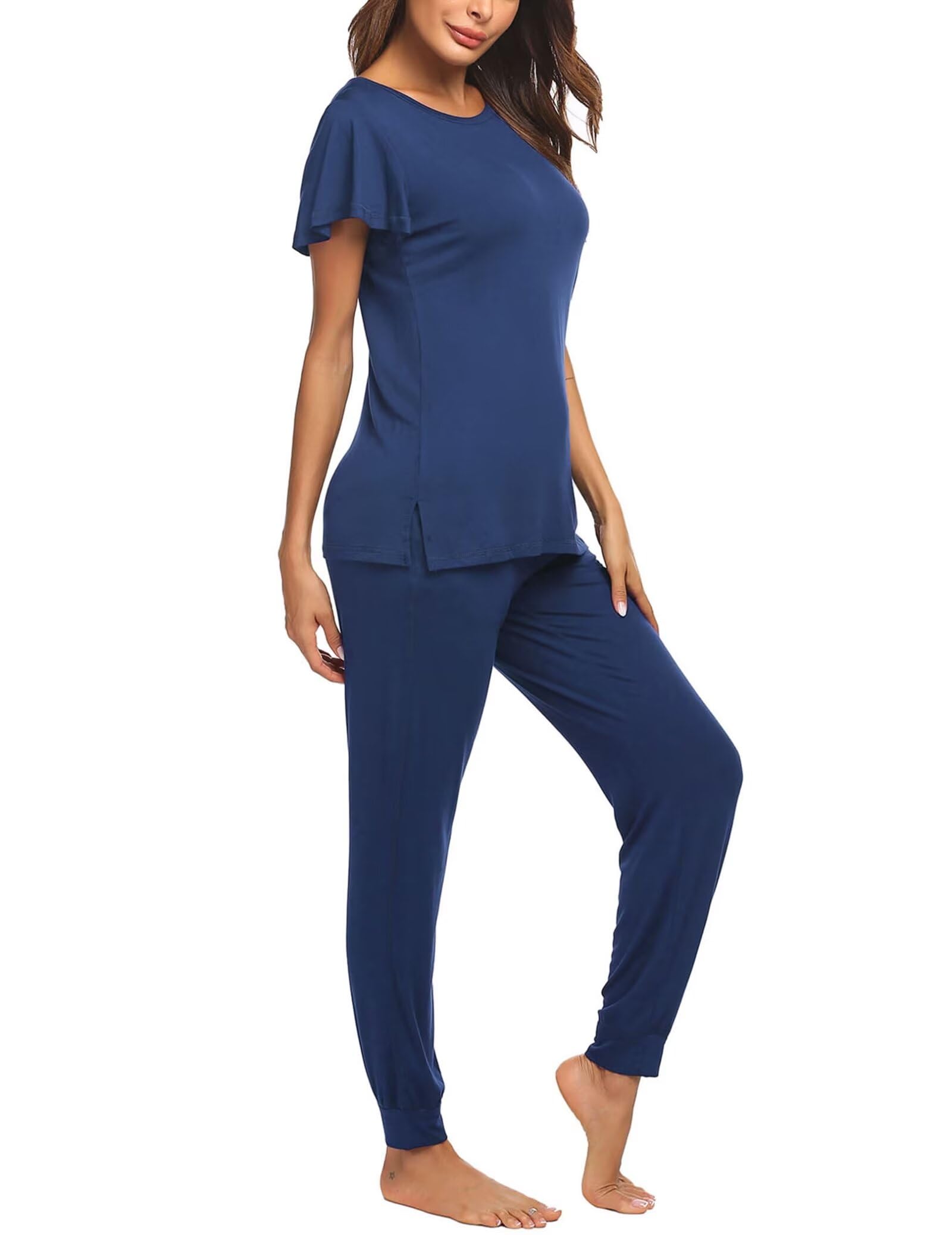 Ekouaer Pajama Set for Women Soft Short Sleeve Tops and Long Pants with Pockets Summer Pj Sets Navy XL