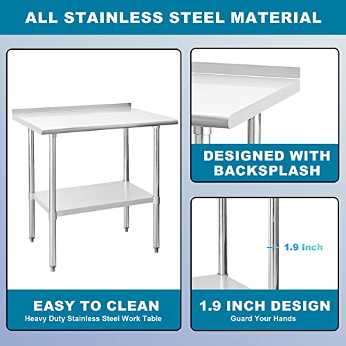 Wrilibo Stainless Steel Table 36 x 24 Inches Prep Table for Commercial Kitchen, Heavy Duty NSF Stainless Steel Work Table with Backsplash, Adjustable Under Shelf for Restaurant, Home and Hotel