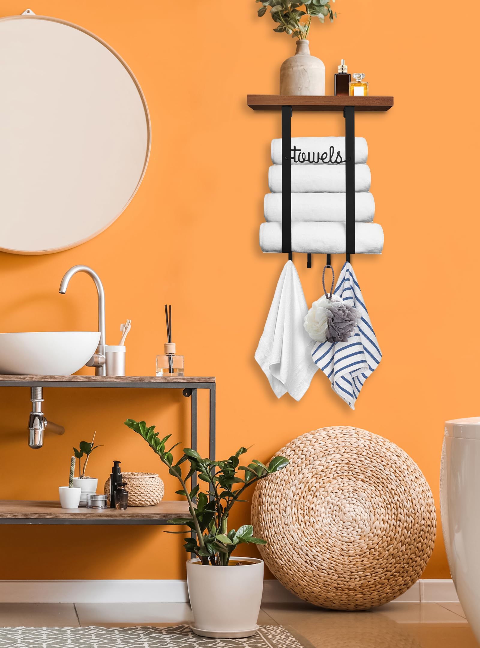 Towel Holder Bathroom Storage with Wooden Shelf and 4 Hooks Towel Rack Wall Mounted for Rolled Towels Towel Organizer for Narrow Bathroom Accessories and Decor