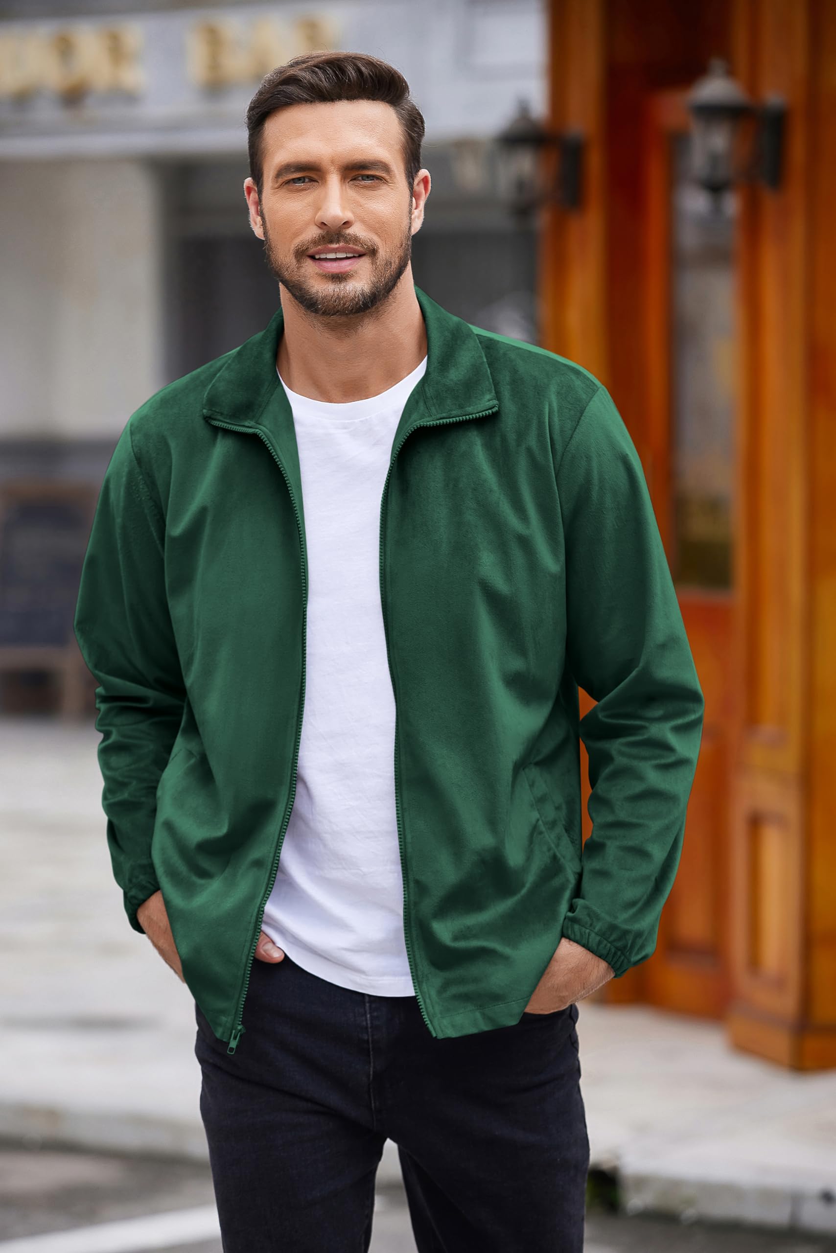 COOFANDY MicroFleece Jackets Mens Full Zip Mock Neck Sweatshirt Lightweight Jackets Casual Green, Large