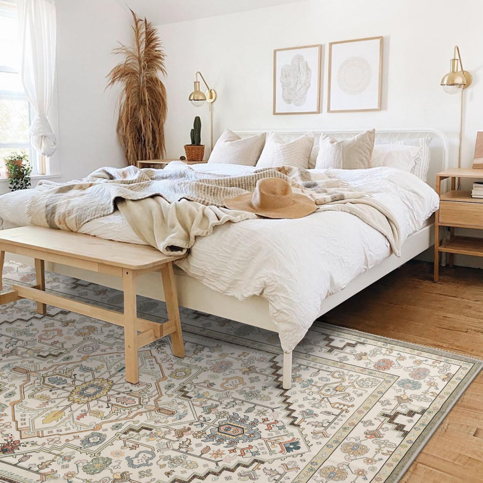 Rineflo-2'x3' Washable Indoor Doormat, Non-Slip Retro Door Mat ,Boho Mat Low-Pile Entryway Rug,Suitable for Bedroom, Study, Bathroom Entrance Carpet (Beige Green, 2'x3')