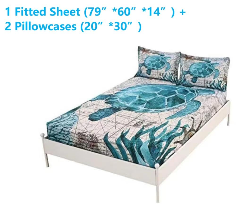 SDIII 3PCS Sea Turtle Queen Sheet Set, 100% Microfiber, 1 Fitted Sheet + 2 Pillowcase, Hawaiian Bedding Sheet Queen, Cute Sheets Queen for Girls Boys Women and Men