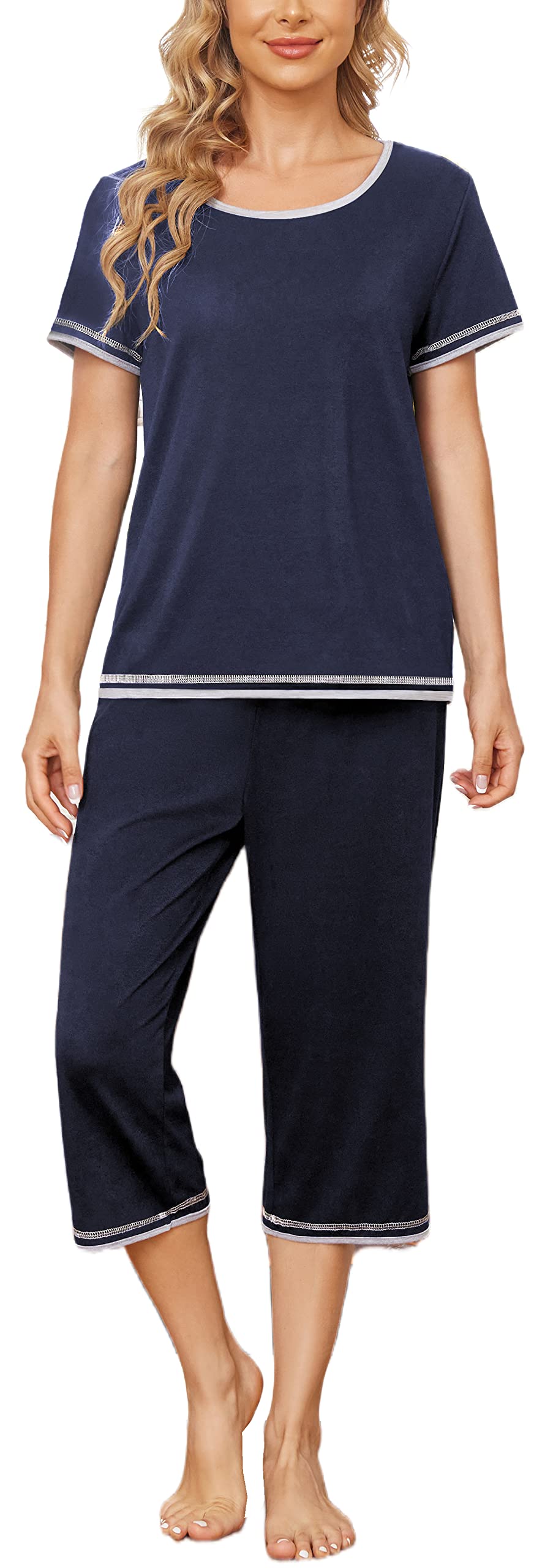 Ekouaer Women's Sleepwear Short Sleeve Tops with Capri Pants Summer Pajama Set Two-Piece Pjs Lounge Sets A-navy Blue