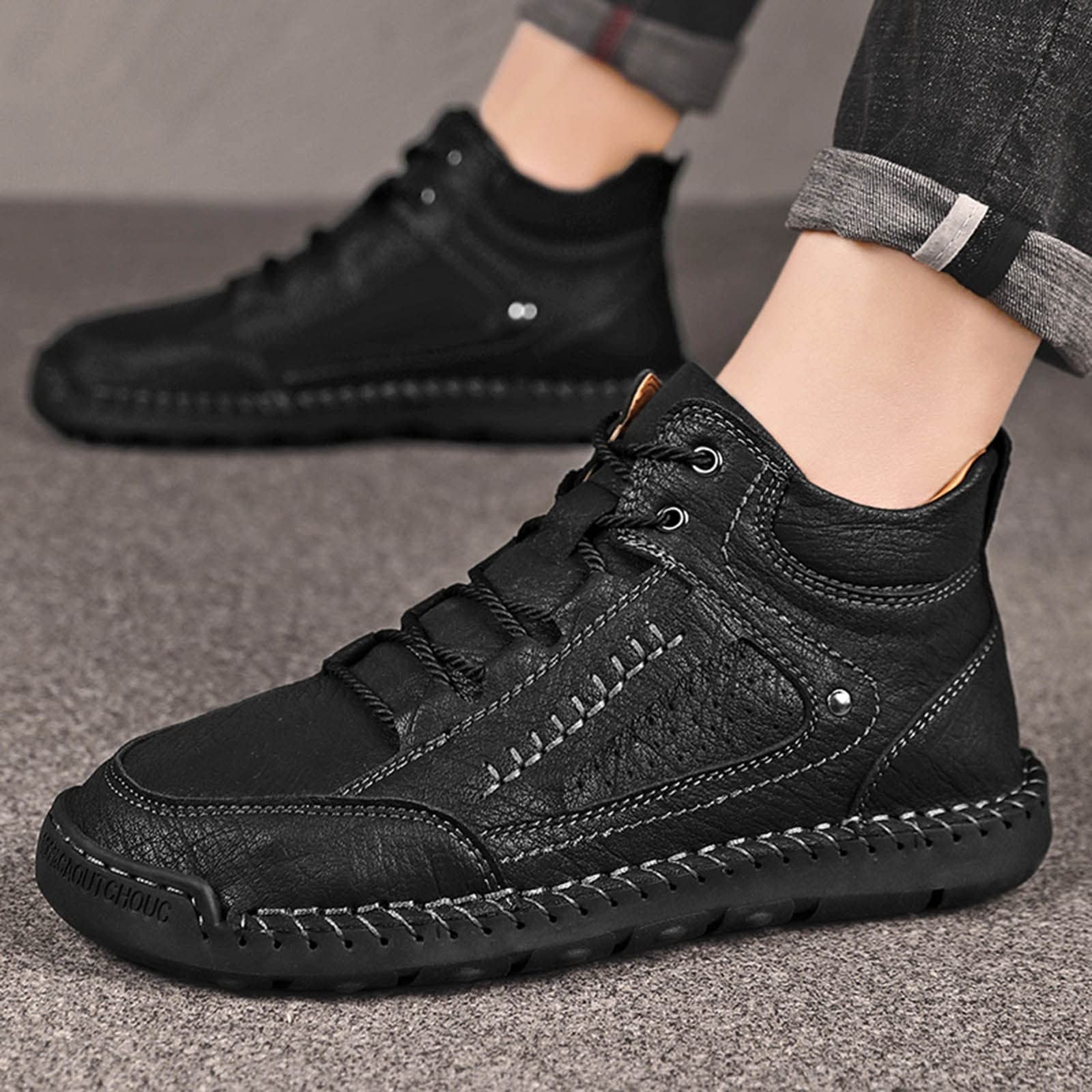 FASDNENDYS 2022 New Large Size Border Handmade Retro Stitched Leather Comfortable Casual Shoes Mens Wide Slip on Shoes Black