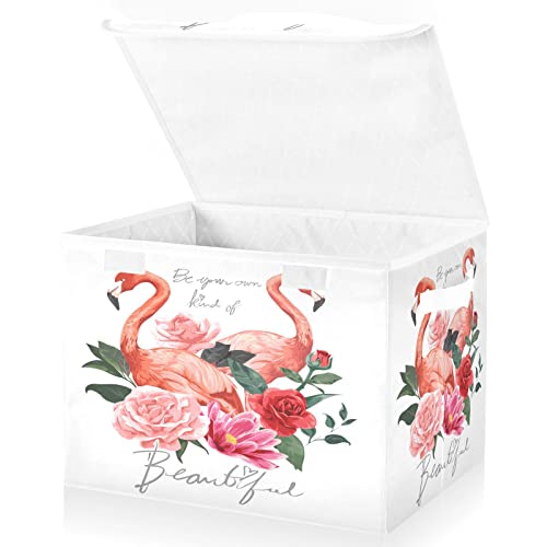 Kigai Flamingos Storage Bins with Lids and Handles 17x13x12 In Foldable Fabric Storage Basket Toys Clothes Organizer for Shelves Closet Home Bedroom Office
