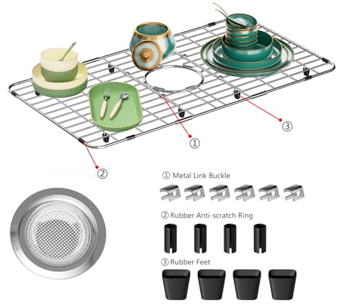 iPEGTOP Sink Bottom Grid, Stainless Steel Sink Protector 28-1/2" x 15-1/2" Centered Drain Hole with Corner Radius, Sink Grate for Bottom of Kitchen Sink Single Sink Bowl with Sink Hole Cover