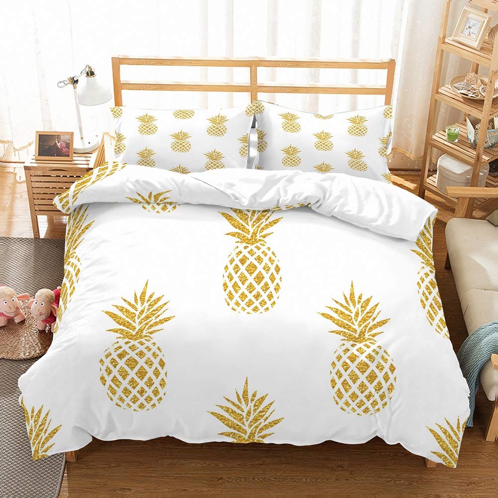 MOUMOUHOME 3D Dazzling Gold Pineapples Bedspread Cover Full Size White Duvet Cover Bedding Set for Kids Teens Adults Yellow Brown Abstract Tropical Fruits Comforter Cover Pineapple 3 Pieces