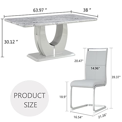JUFU Modern Dining Table Set for 6,Rectangula Kitchen Table Set with Faux Marble Tabletop&6 Pu Leather Upholstered Chairs Ideal for Dining Room, Kitchen (Light Grey, 1 Table with 6 Chairs)