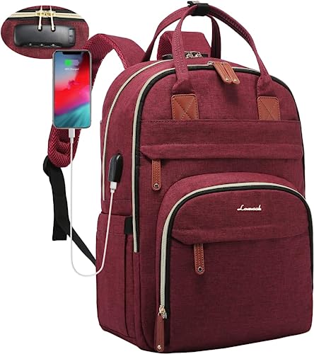 LOVEVOOK Laptop Backpack Purse for Women with 15.6-inch Laptop Compartment, Large Travel Anti-theft Work Bags with Lock, Business Computer College Backpacks, Casual Daypack with USB Port, Wine Red