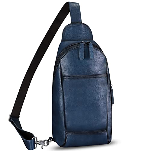 FEIGITOR Genuine Leather Sling Bag Handmade Retro Crossbody Sling Backpack Purse Chest Shoulder Hiking Daypack Fanny Pack (Blue)