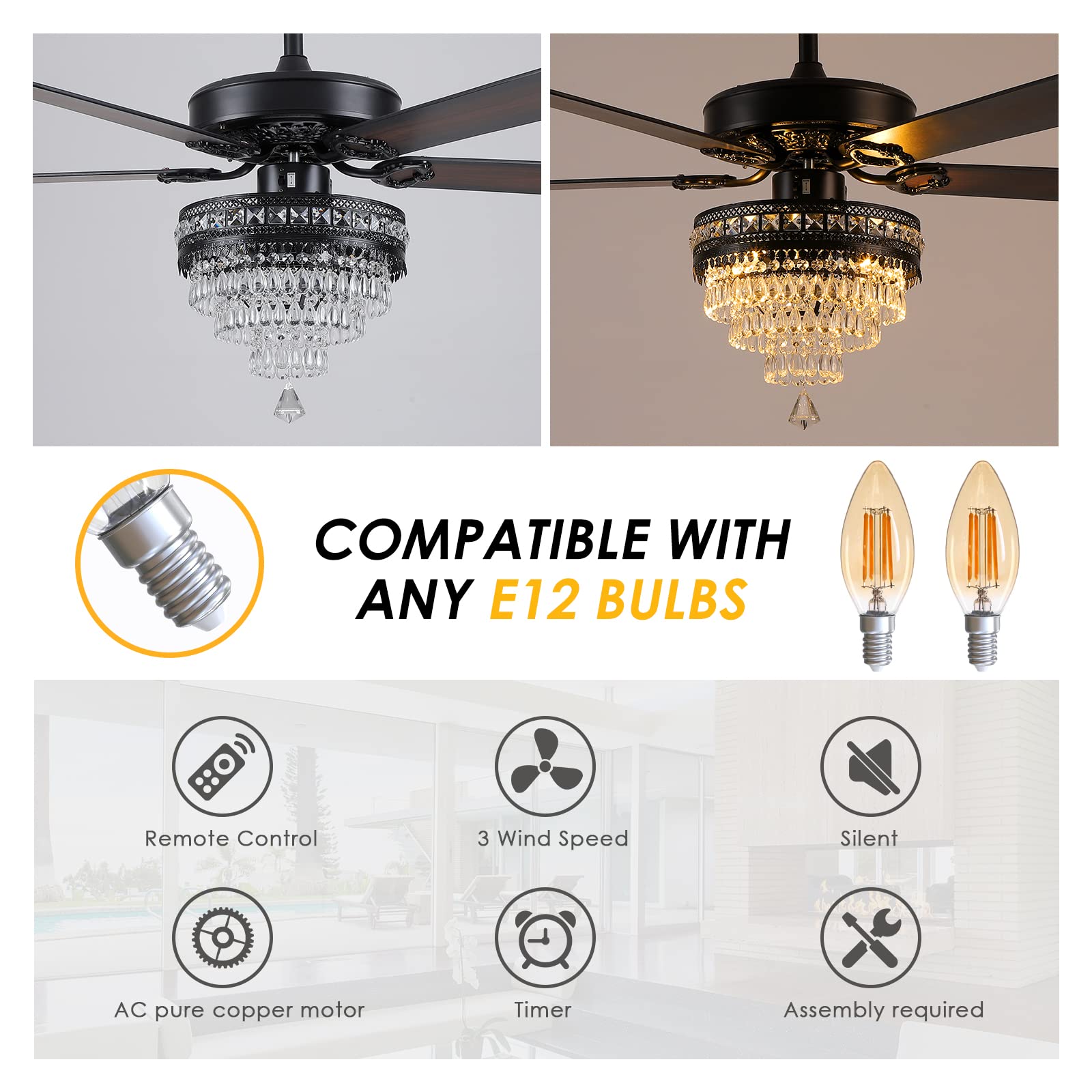 Crystal Ceiling Fan Fandelier with Lights - Modern Outdoor Fans with Remote Control,Noiseless AC Motor, Retro/Farmhouse Lighting, Dining Room, Living Room (52"