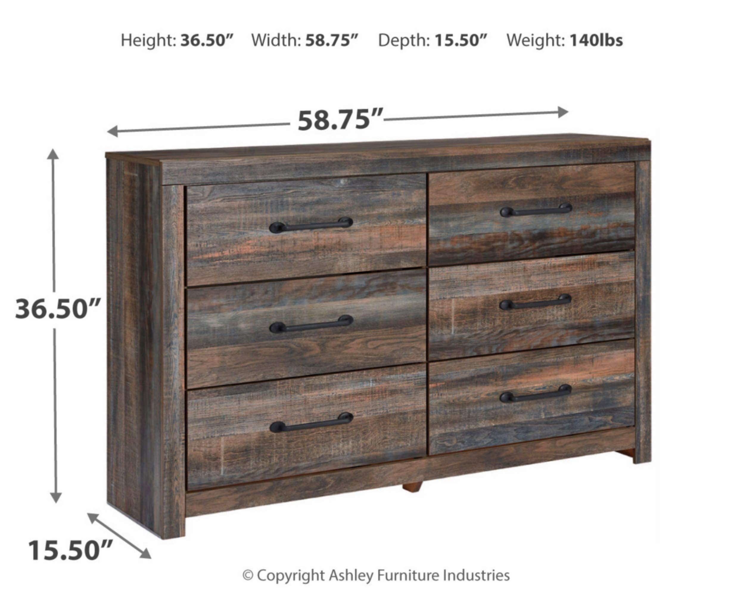 Signature Design by Ashley Drystan Rustic Industrial 6 Drawer Dresser, Weatherworn Brown