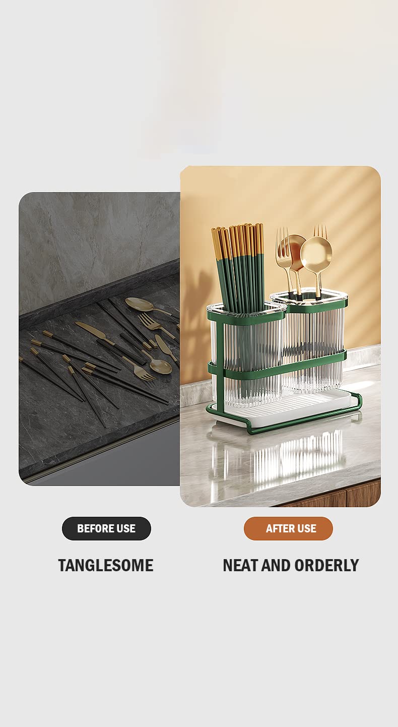 FEIJSQIU Utensil Holder with 2 Compartments Cooking Utensil Holder for Cooking Tools Storage and Utensil Organizer Utensil Drying Rack has Tray at Bottom for Easy Drainage.Clean Easy (Green)