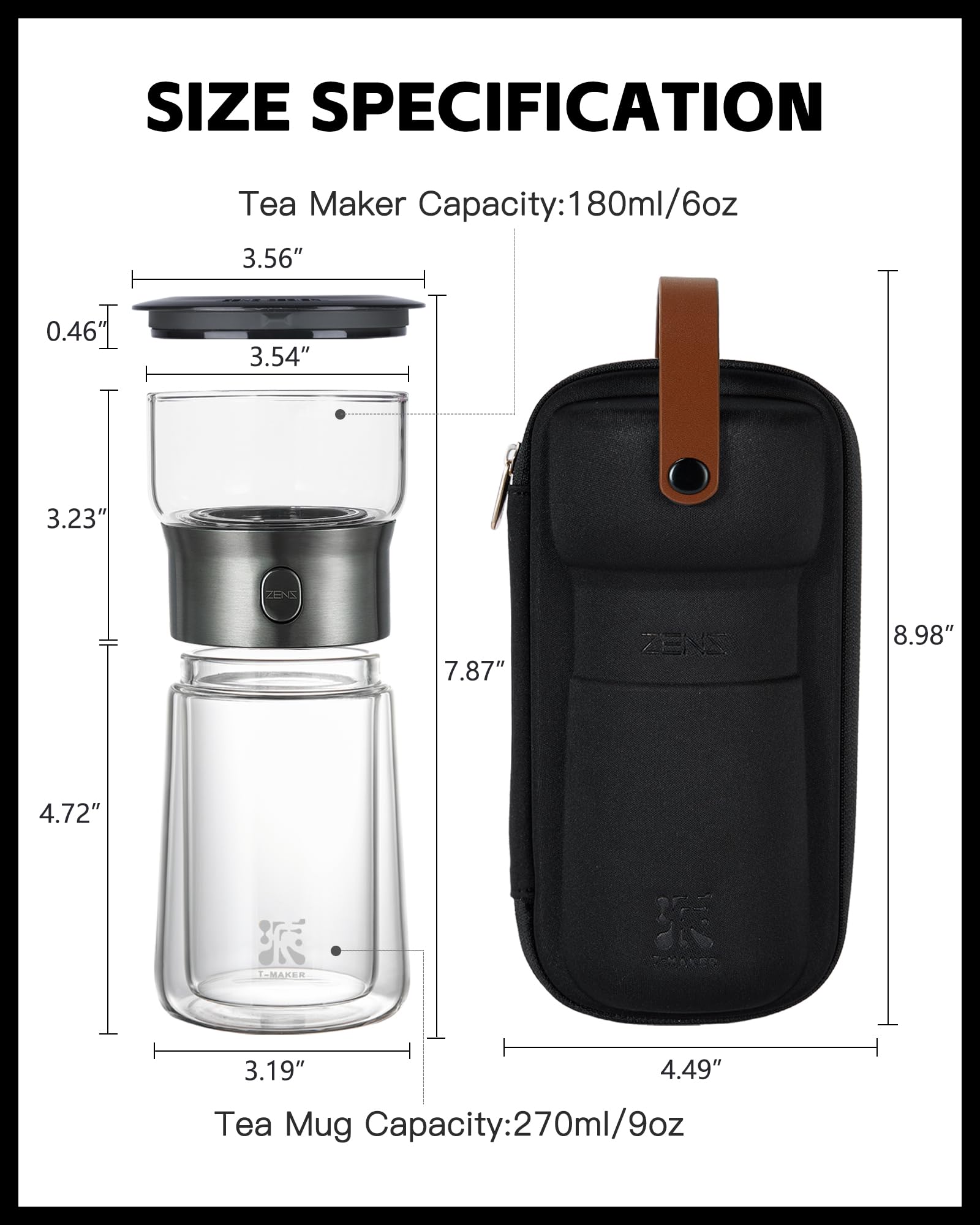 ZENS Modern Small Glass Tea Infuser Teapot, 3-in-1 Smart One Touch Tea Maker for Loose Leaf Tea Steeper, Solo Simple Tea Strainer with 9oz Double Walled Tea Cup for Hot Black, White Tea Diffuser.