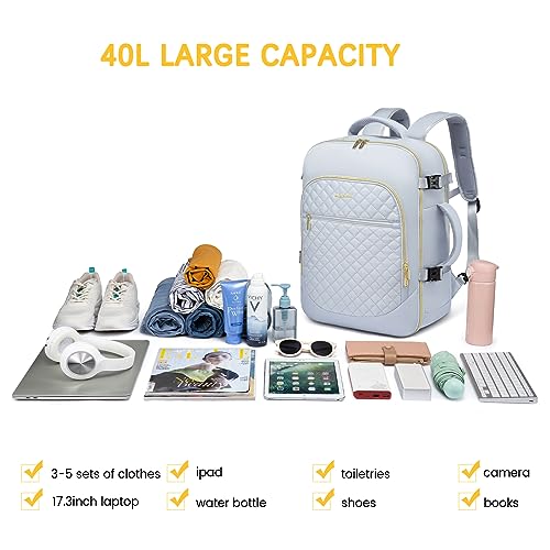 LOVEVOOK Travel Laptop Backpack for Women, 40L Large Carry On Backpack Flight Approved,Waterproof Backpacks with 3 Packing Cubes, Daypack Business College Weekender Overnight Back Pack, Light Blue