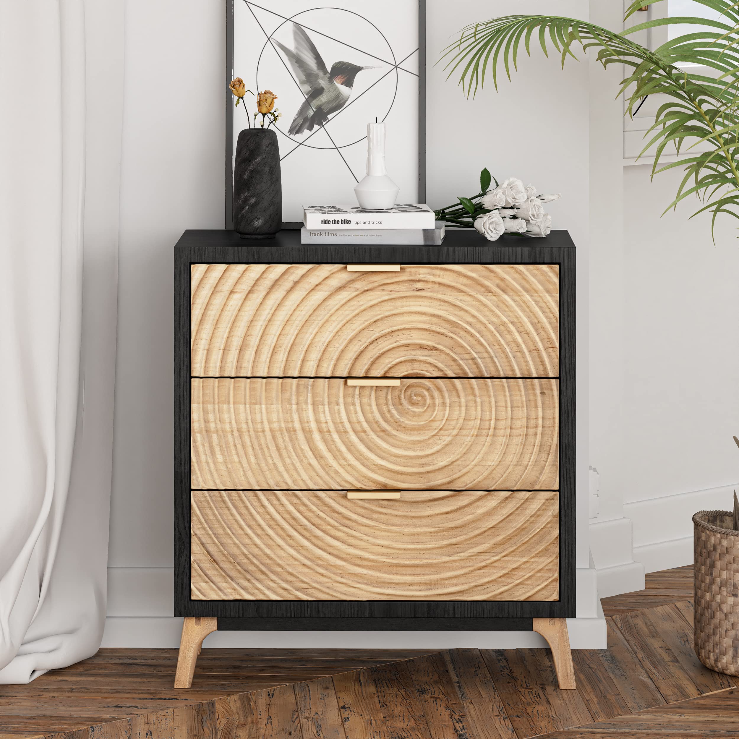 LONYKE 3-Drawer X 2P Farmhouse Dresser with Handcrafted Wood Ring Motif, Black Nightstand for Bedroom, Fully-Assembled, Morden Rustic