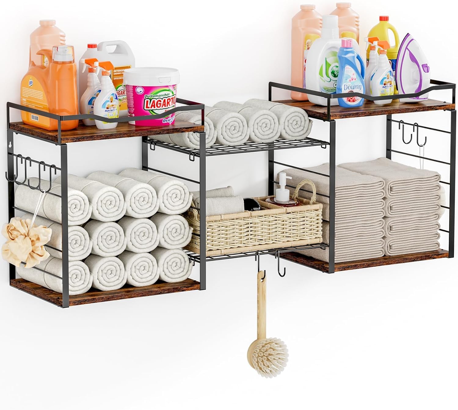 LIDTOP 2 Pack Laundry Room Shelves for Wall Mounted with Metal Baskets, Laundry Shelves Over Washer and Dryer Shelf, 3 Tier Organization and Storage Shelves for Laundry Bathroom Kitchen, 8 Hooks