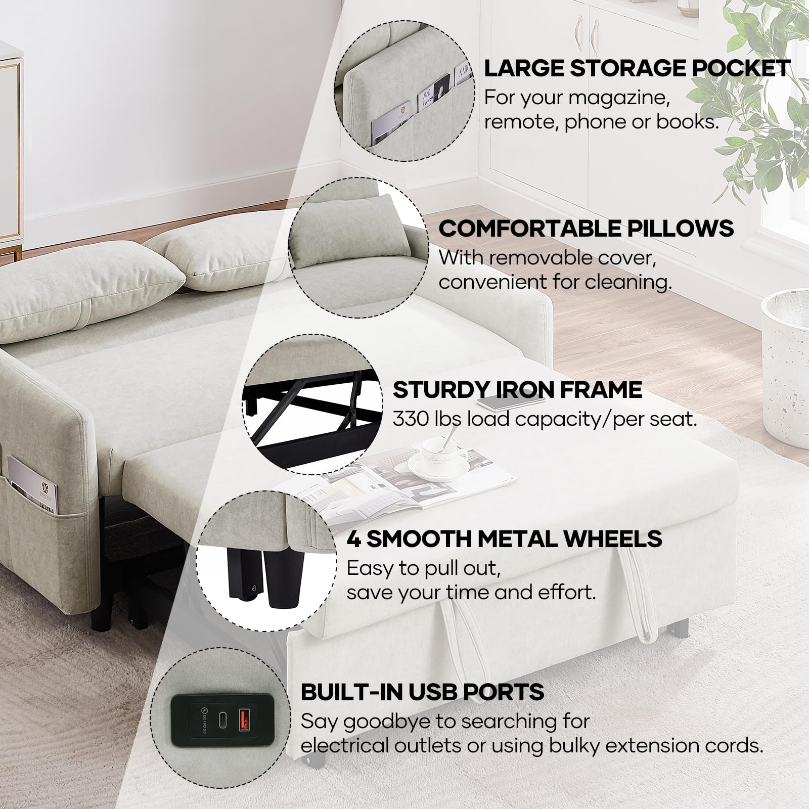 kejector Pull Out Sofa Bed Convertible Chair Bed Modern U Shaped Loveseat Sleeper Recliner Sofa Couch with Storage Pockets, Adjsutable Backrest, 2 Pillows, USB Ports for Living Room, Apartment, Office