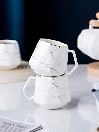 Jusalpha 7PC Deluxe Golden Marble Porcelain Coffee Mug Set with Wooden Mug Tree Holder, TCS28 (White)
