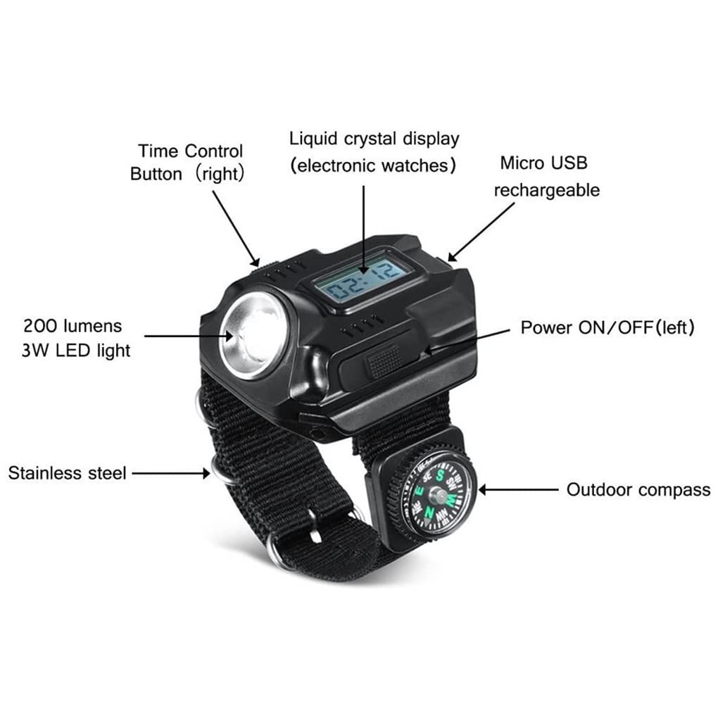 GGRBH LED Wrist Flashlight Rechargeable Compass Watch Light Portable Wrist Light XPE Outdoor Camping Hiking Lighting Tool