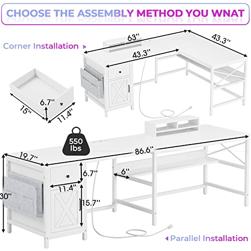 SEDETA L Shaped Computer Desk, Convertible 86.6" Home Office Desk or Corner Desk, L Office Desk with Drawer, Power Strip, Storage Cabinet, Monitor Stand & Storage Bag, White