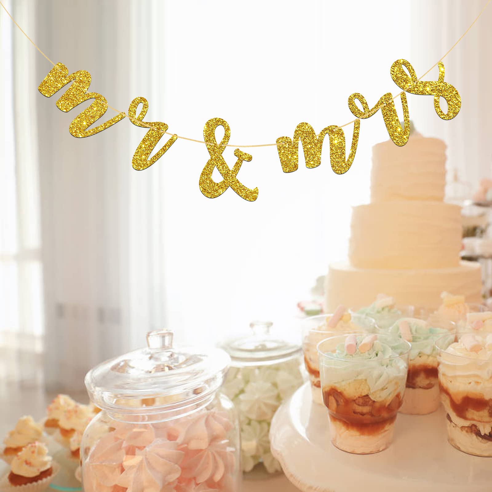 Mr & Mrs Banner for Bridal Shower, Engaged, We Still Do, Groom Bride Wedding Party Decorations (Gold Glitter)
