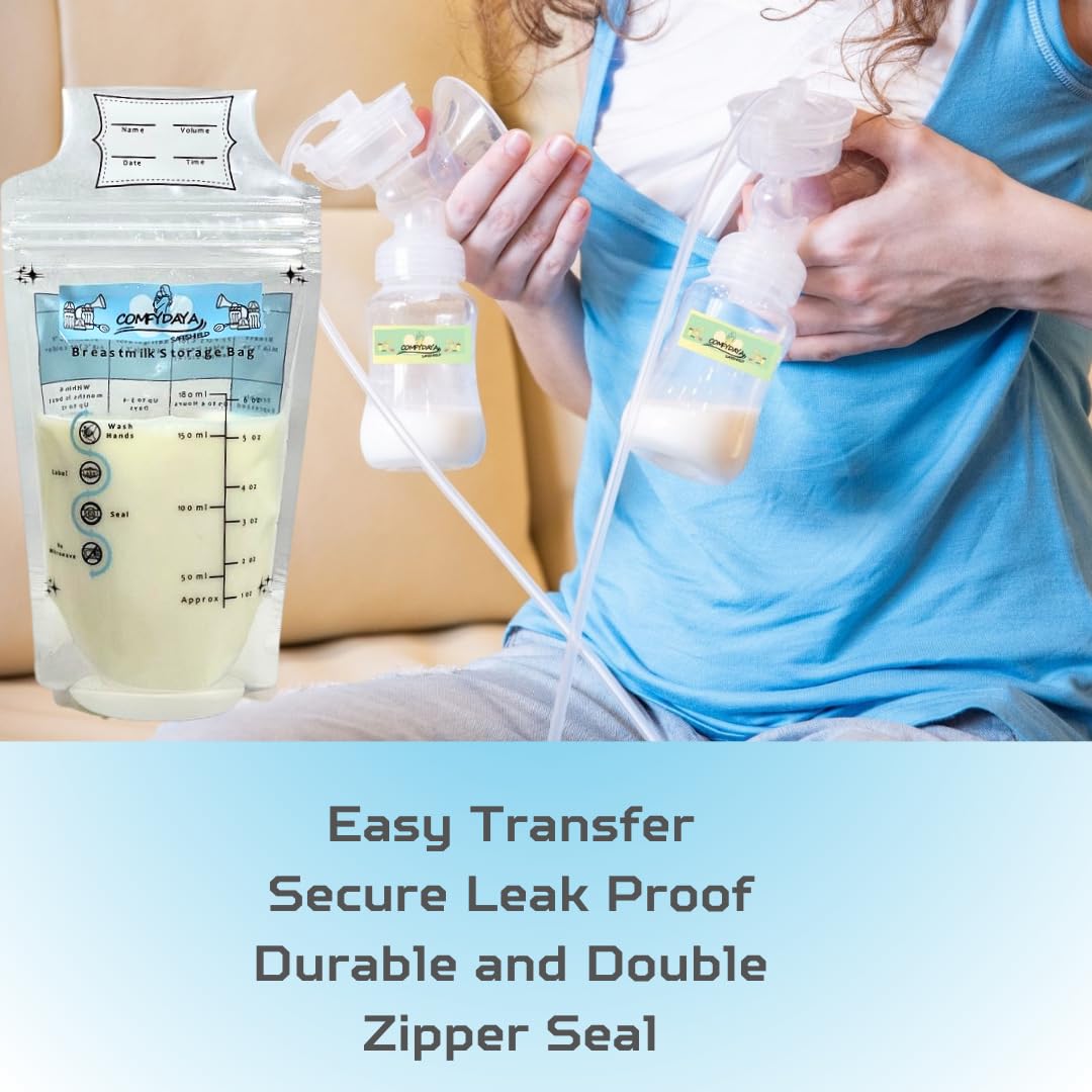 Comfydaya Safeshield Breastmilk Storage Bags (50 Count). Ready to Use. Presterilize, BPA Free, BPS Free, Leak Proof, Double Zipper, Self Standing, Super Strong and Food Grade Material Breast Milk Bag